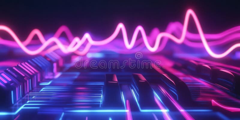 A Futuristic 3D Background Displaying a Floating Neon Synthesizer ...