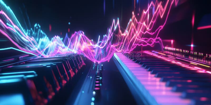 A Futuristic 3D Background Displaying a Floating Neon Synthesizer ...