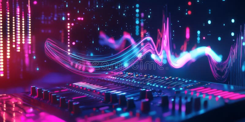 A Futuristic 3D Background Displaying a Floating Neon Synthesizer ...