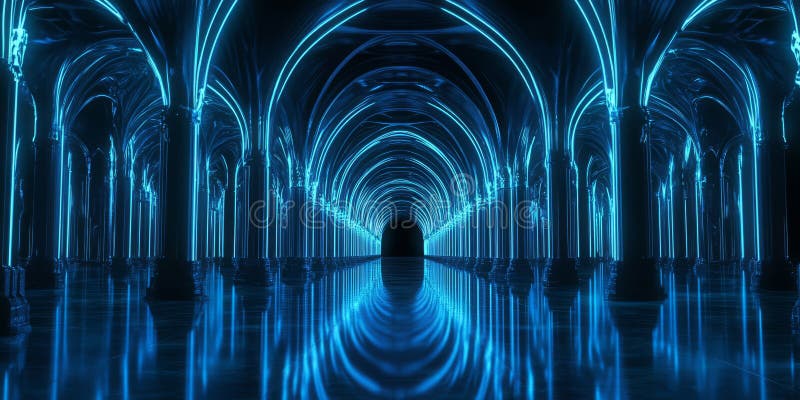 Futuristic 3d Background Featuring Infinite Corridor Glowing Blue Neon ...