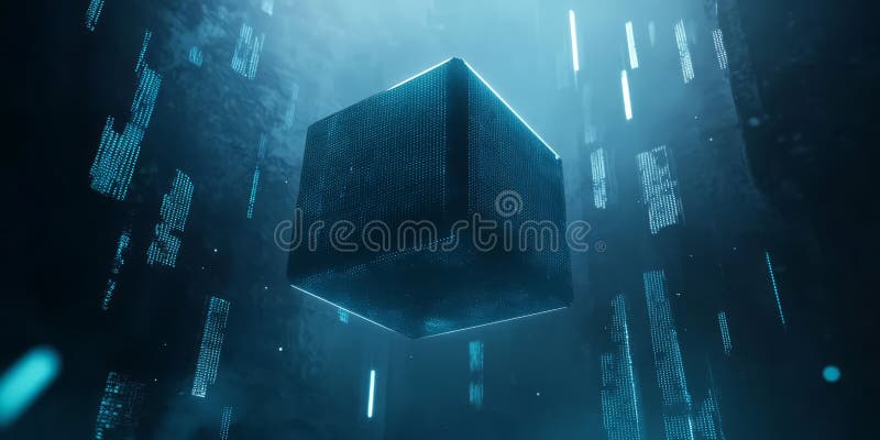 A Futuristic 3D Background Featuring a Levitating Digital Cube Surrounded by Floating Data ...