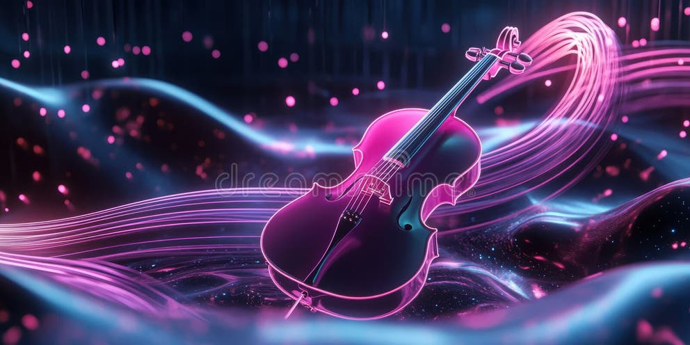 A Futuristic 3D Background Featuring a Levitating, Neon-lit Cello ...
