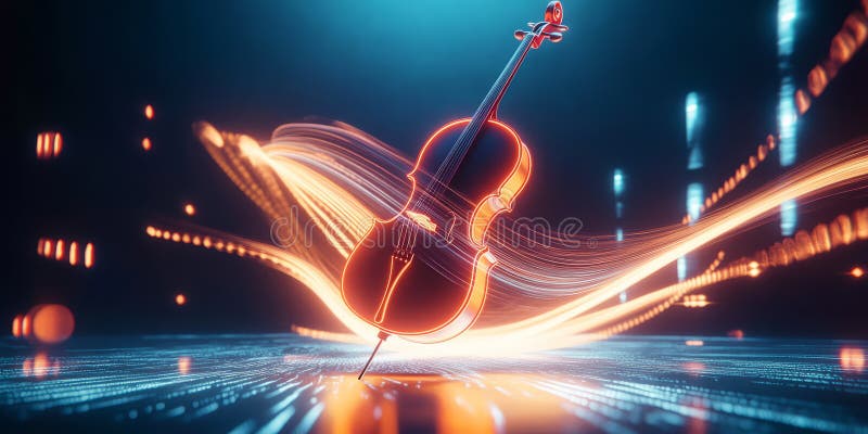 A Futuristic 3D Background Featuring a Levitating, Neon-lit Cello ...