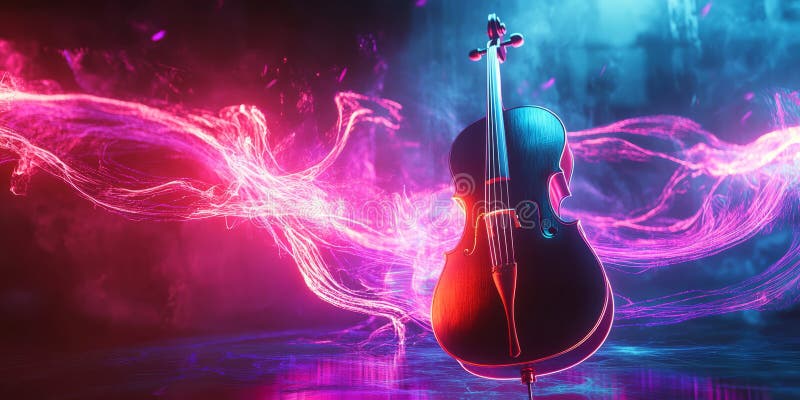 A Futuristic 3D Background Featuring a Levitating, Neon-lit Cello ...