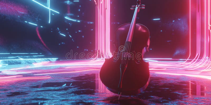 A Futuristic 3D Background Featuring a Levitating, Neon-lit Cello ...