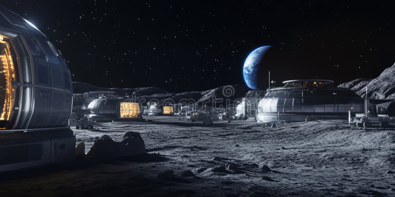 A Futuristic 3D Background of a Lunar Base Under a Starry Sky, Where ...