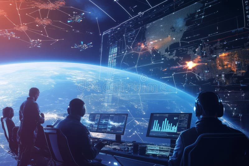 A Futuristic 3D Background of an Orbital Defense Platform Armed with High-tech Laser Cannons and ...