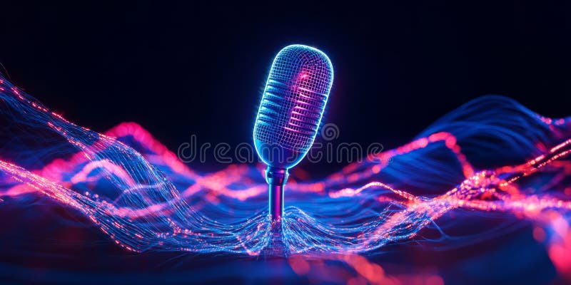A Futuristic 3D Background Showcasing a Glowing, Levitating Microphone ...