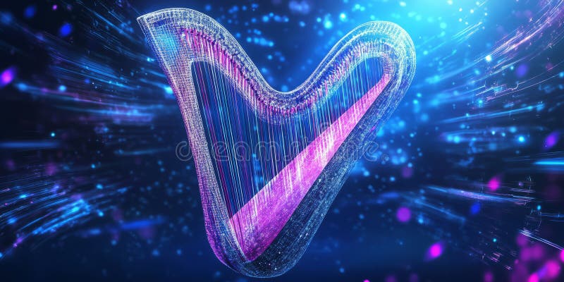 A Futuristic 3D Background Showcasing a Glowing Neon Harp Floating in a ...