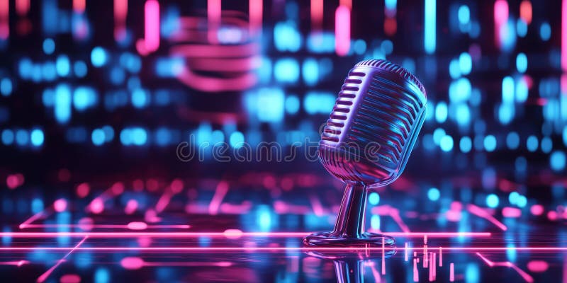 Futuristic 3d Background Showcasing Levitating Neon Microphone Glowing ...