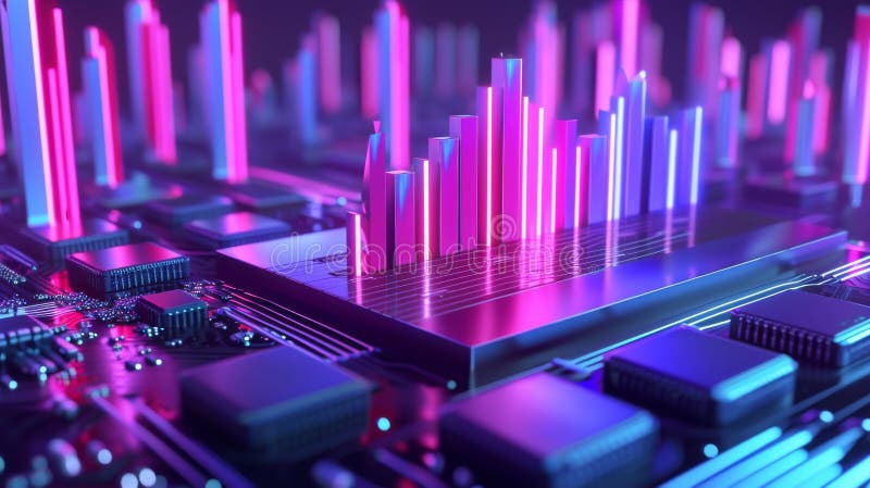 Futuristic 3D Bar Chart on Digital Circuit Board Stock Illustration ...