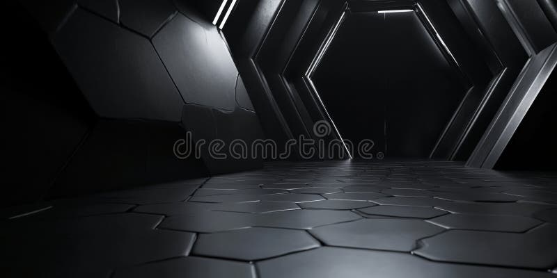 Futuristic 3d Black Interior Hexagonal Patterns Walls Floor Dim ...