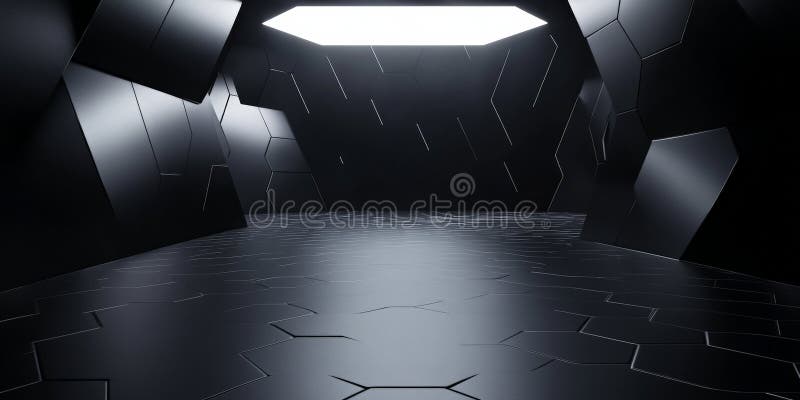 A Futuristic 3D Black Interior with Hexagonal Patterns on the Walls and ...