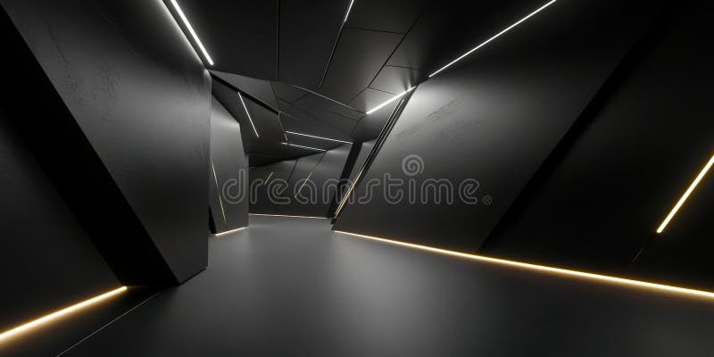 A Futuristic 3D Black Interior with Sharp, Angular Walls and Glowing ...