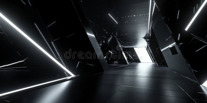 A Futuristic 3D Black Interior with Sharp, Angular Walls and Glowing ...