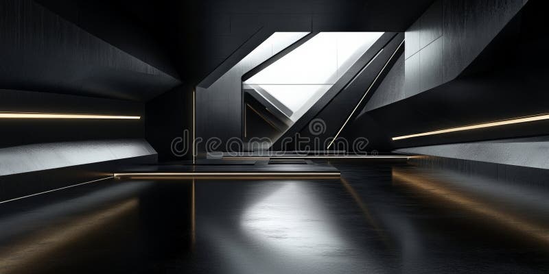A Futuristic 3D Black Interior with Sharp, Angular Walls and Glowing ...