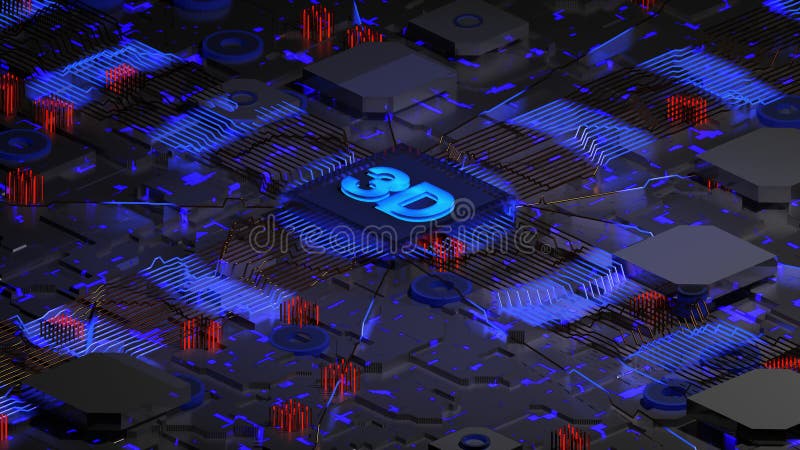 Futuristic 3D Circuit Board with Glowing Blue and Red Connections ...