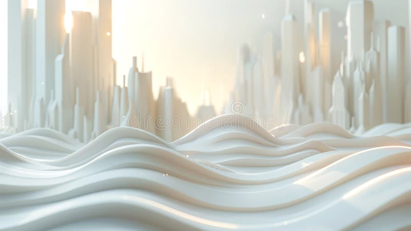 Futuristic 3D Cityscape with Abstract White Wave Structures in the Foreground, Bathed in Soft ...