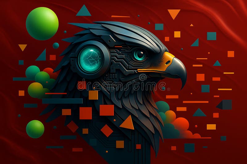 Futuristic 3D Collage of a Mechanical Hawk with Geometric Abstractions ...