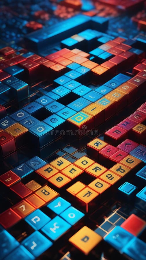 Futuristic 3D Crossword: Dynamic Patterns in Red, Blue, and Yellow ...