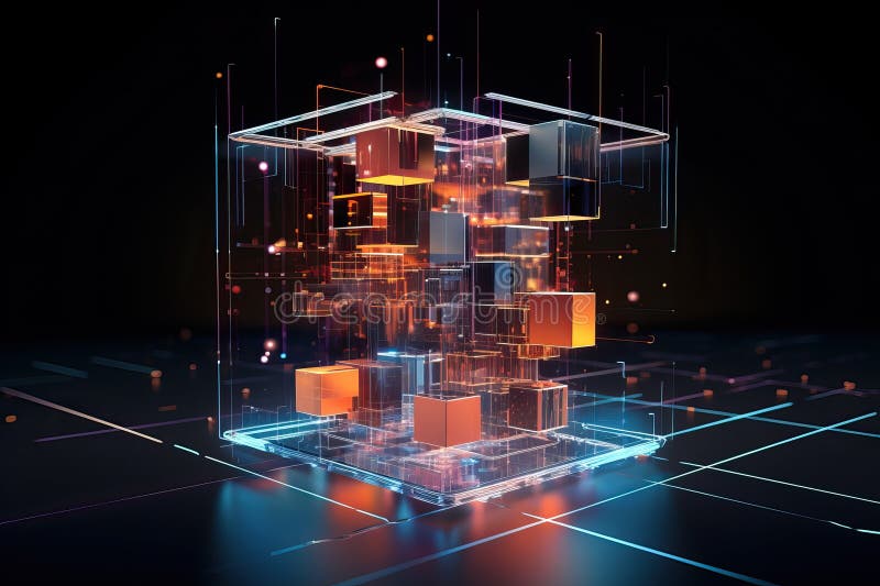 Futuristic 3D Cube Structure with Glowing Elements and Connected by ...