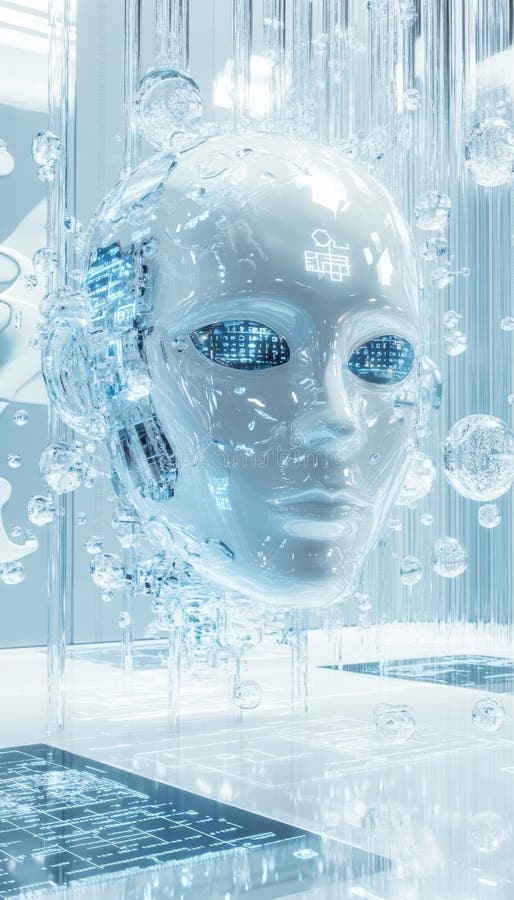 Futuristic 3d Digital Art Glass Robot Head Surrounded by Water Droplets ...