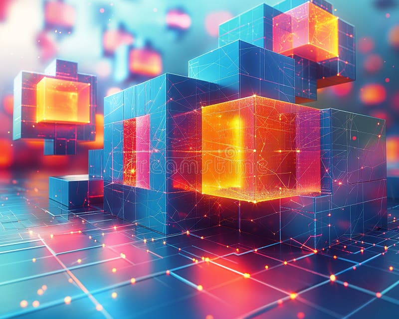 Futuristic 3D Digital Illustration Glowing Orange Cubes Blue Geometric ...