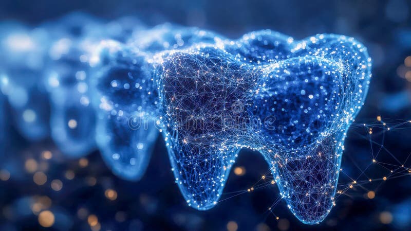 Futuristic 3D Digital Tooth with Polygonal Connections and Glowing ...