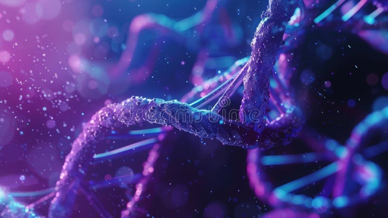 Futuristic 3d Double Helix Dna Rendering on Dark Blue and Purple Bokeh ...