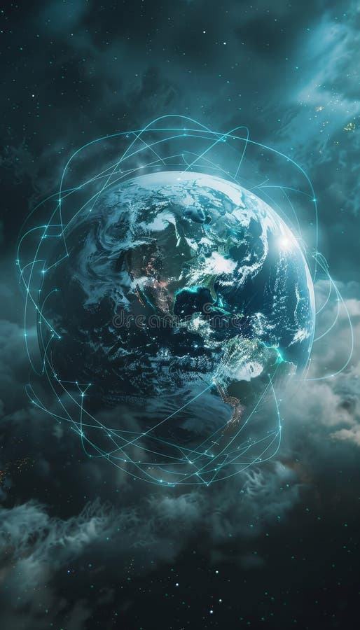 Futuristic 3d Earth Model Shrouded in Fog with Glowing Data Lines ...