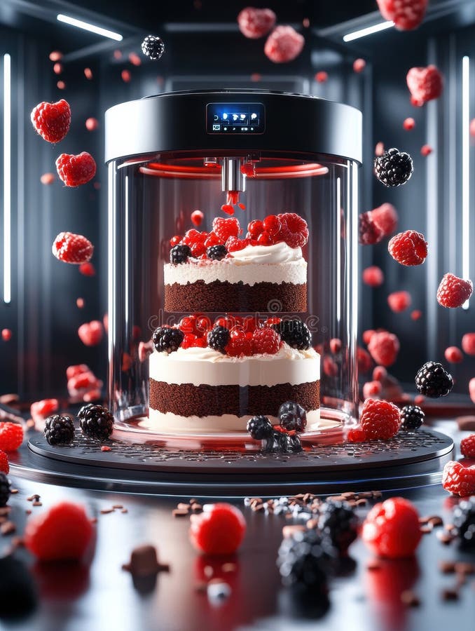Futuristic 3D Food Printer Creating a Vibrant Dessert Surrounded by ...