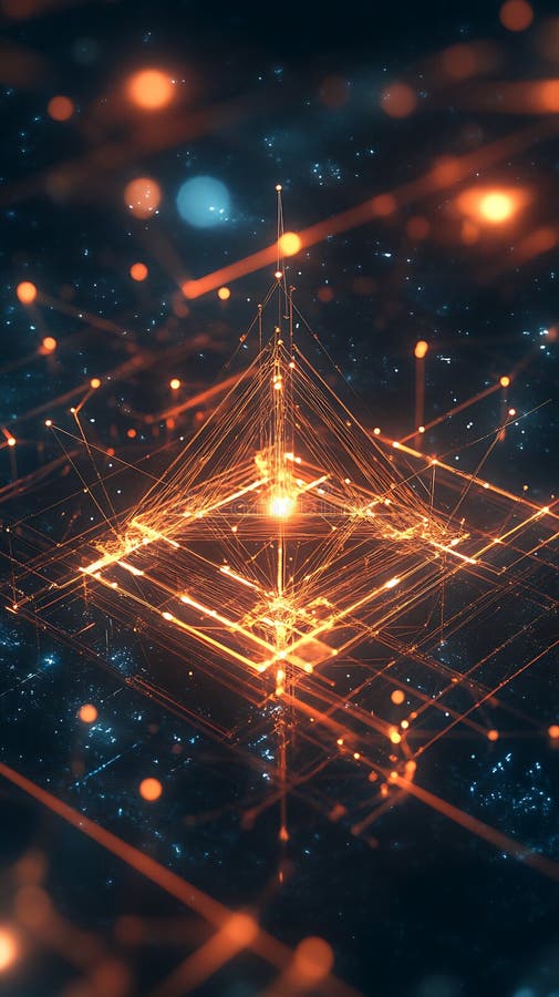 Futuristic 3D Geometric Shapes Against a High-Tech Grid Background ...