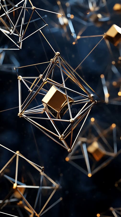 Futuristic 3D Geometric Shapes Against a High-Tech Grid Background ...