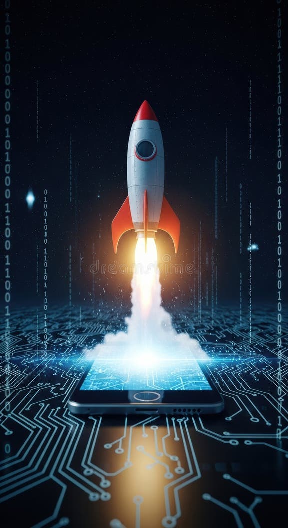 Rocket Launching from Smartphone Screen: Mobile App Startup Concept ...