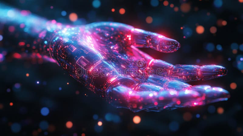 A Futuristic 3D Illustration Showing Robotic Hand with Glowing Circuits ...