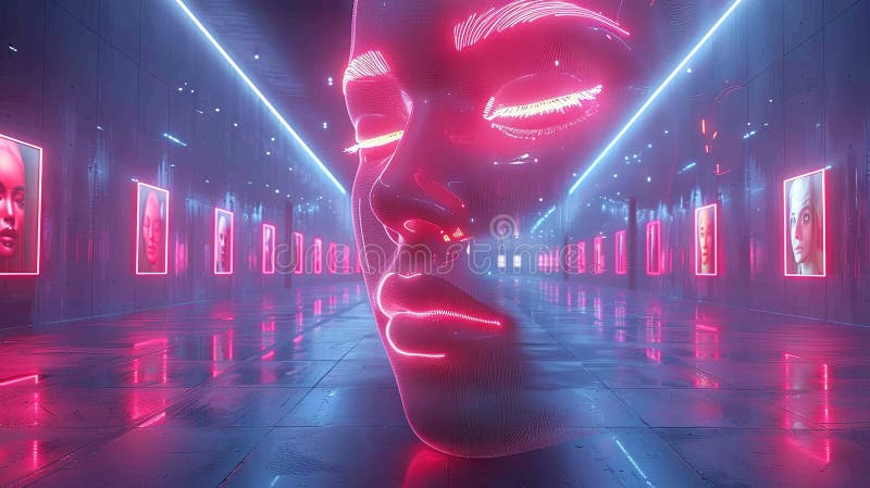 Futuristic 3d Illustration of Woman Face with Glowing Neon Lights Stock ...