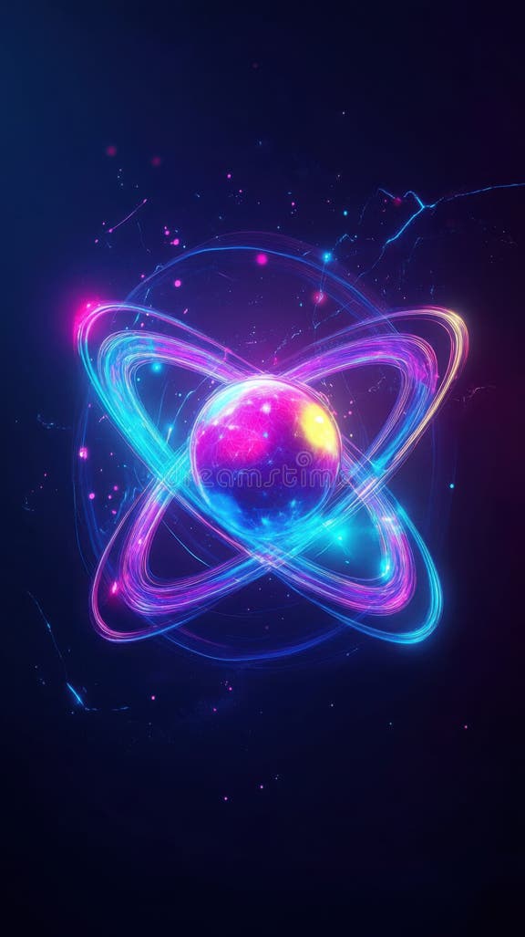 Futuristic 3D Model of a Glowing Atom with Vibrant Electrons in Dark ...