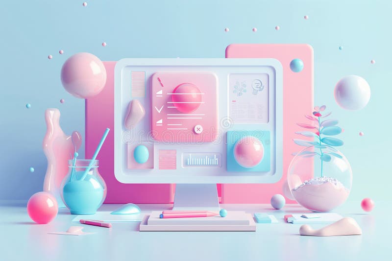 Futuristic 3D Modern Creativity Table Interior with Computer Showing ...