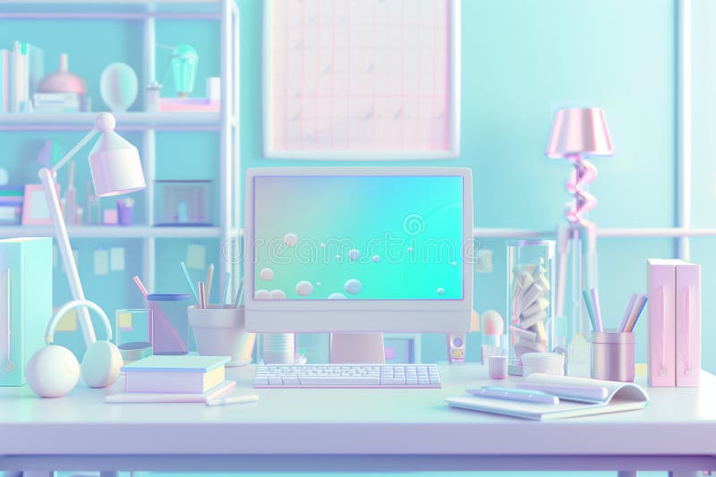 Futuristic 3D Modern Creativity Table Interior with Computer Showing ...