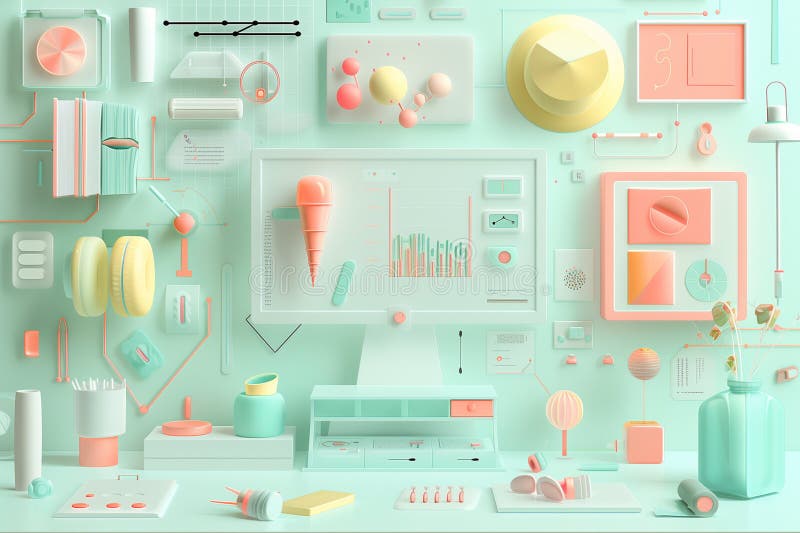 Futuristic 3D Modern Creativity Table Interior with Computer Showing ...