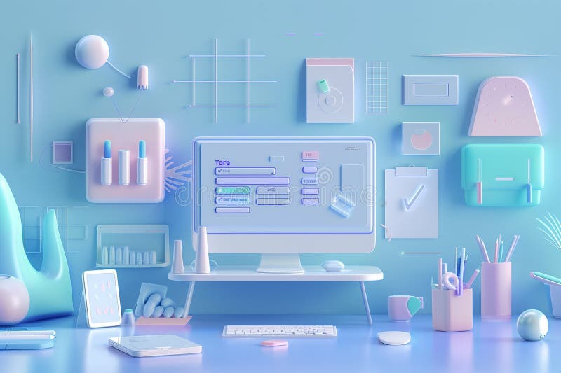 Futuristic 3D Modern Creativity Table Interior with Computer Showing ...