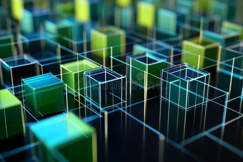 Futuristic 3d Network Model with Blue and Green Cubes Connected by ...