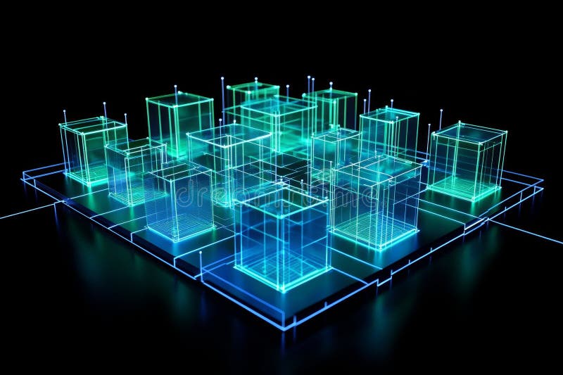 Futuristic 3d Network Model of Blue and Green Cubes Connected by White ...