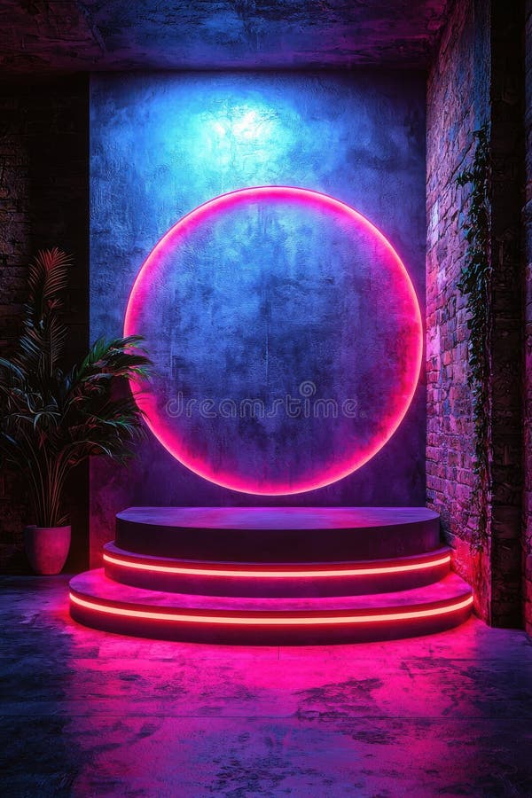 Futuristic 3D Podium with a Vibrant Neon Glass Circle Frame in Dark ...