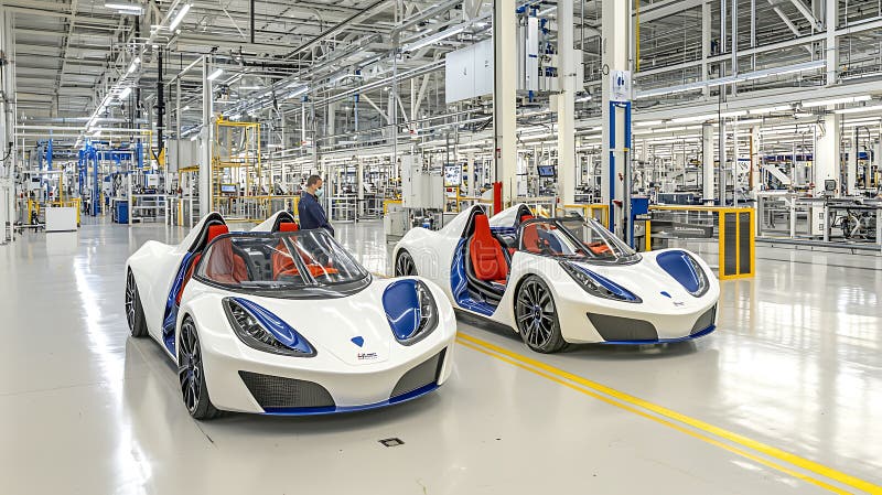 Futuristic 3D Printed Vehicles on Production Line Stock Illustration ...