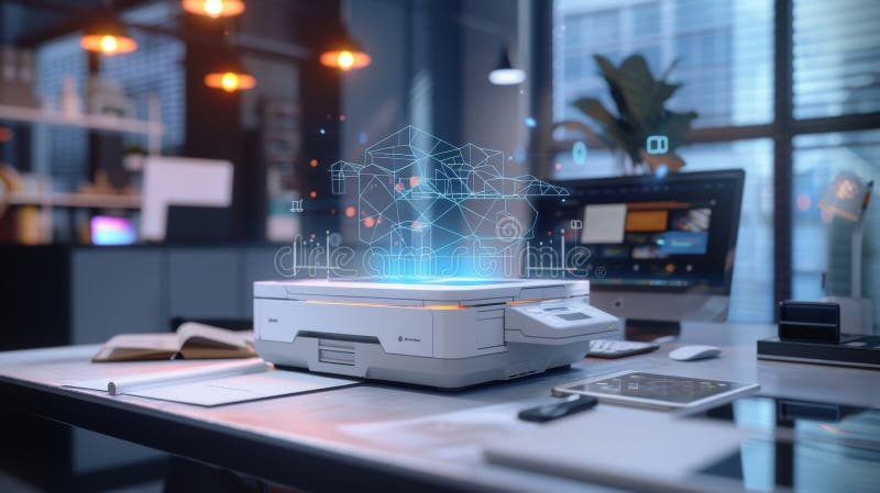 Futuristic 3d Printer Creating Hologram in Modern Office Setting Stock ...