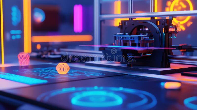 Futuristic 3d Printer Creating Intricate Objects in Neon Lit Laboratory ...