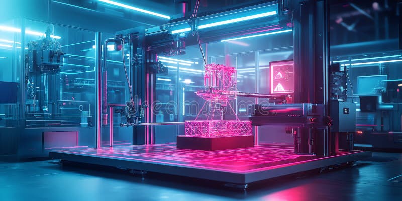Futuristic 3D Printer with Neon Lighting Creating a Complex Object ...