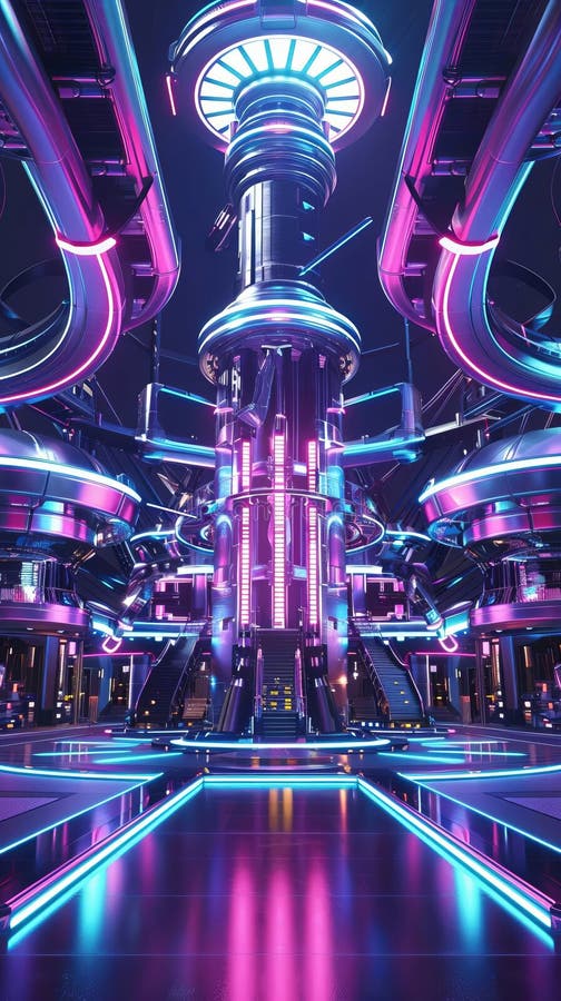 Futuristic 3D Render of an Aluminum Casino Resort with Neon Lights Stock Illustration ...