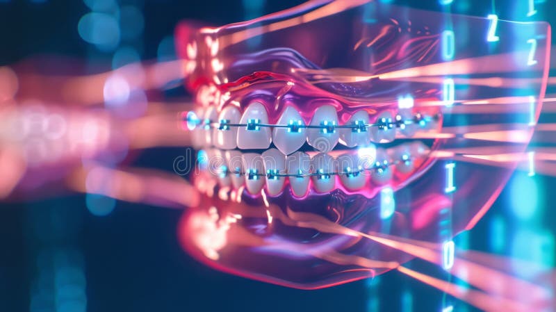 Futuristic 3D Render of Teeth with Braces in Digital Matrix Stock ...